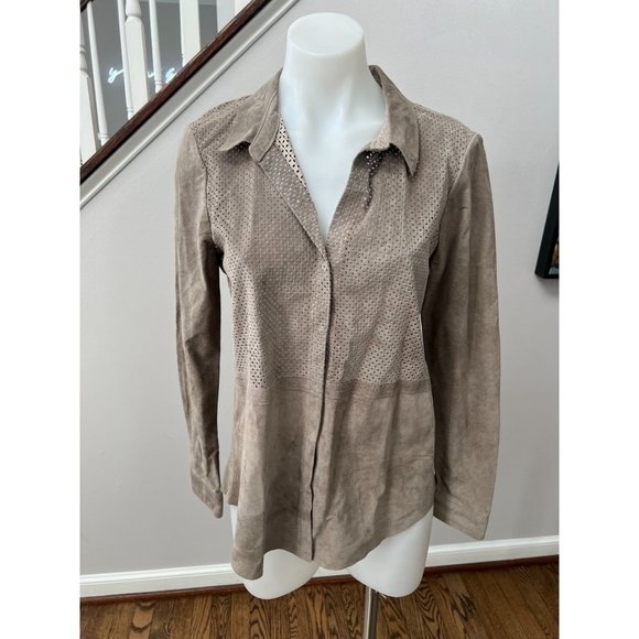 ecru | Jackets & Coats | Ecru 0 Suede Laser Cut Snap Button Down Western Shirt Jacket Tan Size ...